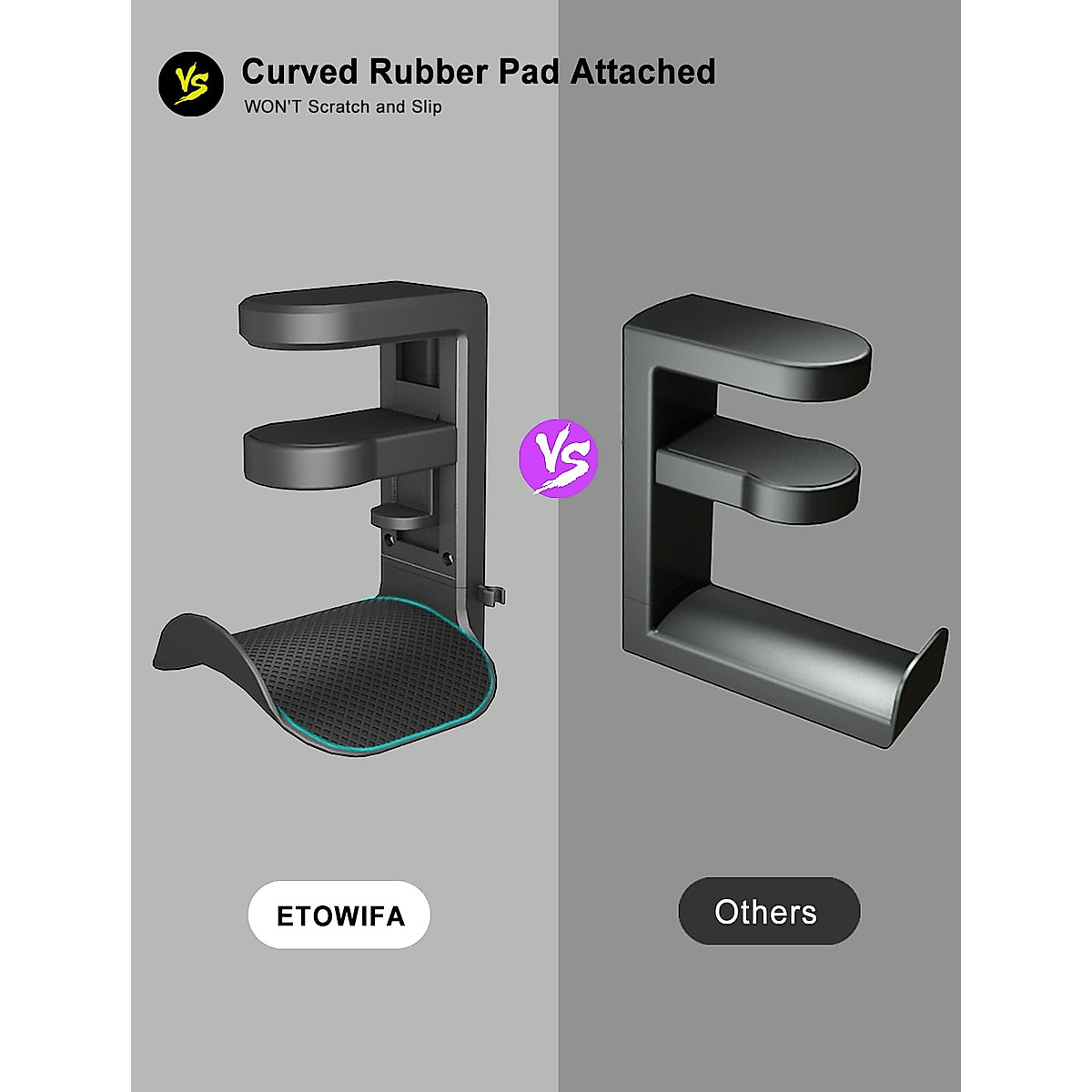 ETOWIFA Headphone Holder Hanger Upgraded with Rotating & Adjustable Clamp for Controller & Headphones, Headset Stand Under Desk Hook Mount Built in Cable Clip