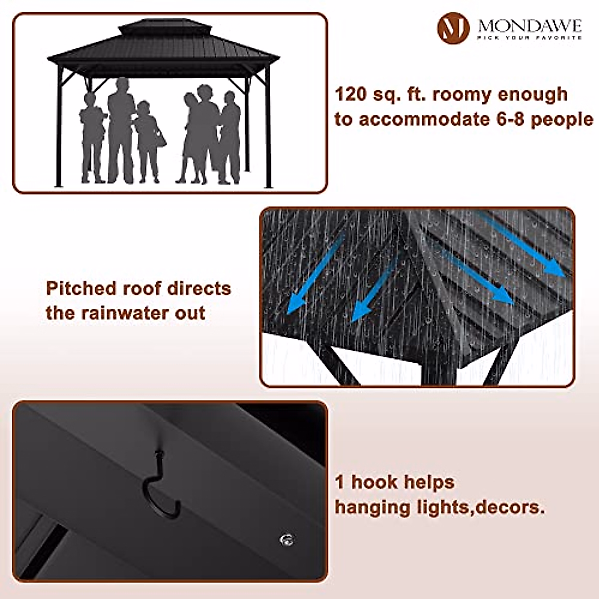 MONDAWE 10x12Ft Hardtop Gazebo Heavy Duty Galvanized Steel Double Roof Permanent Gazebo Steel Frame Canopy Outdoor Pavilion for Patio Lawn Garden