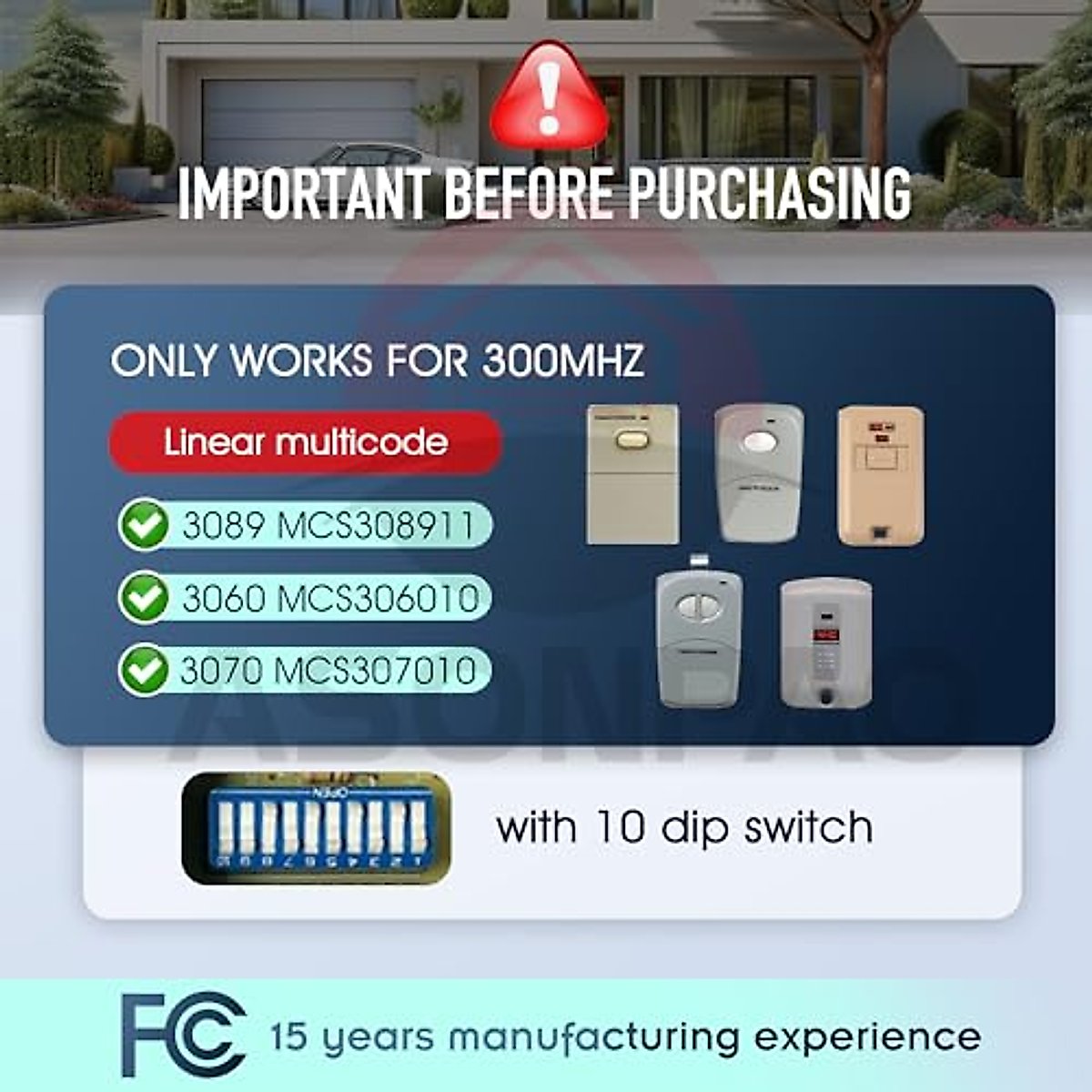 1 for Multicode Gate Opener Remote 3089 MCS308911,3060 MCS306010,3070 MCS307010 Garage Door Opener 3-Years-Warranty