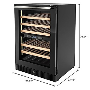Frostronics 24 Inch Dual Zone Wine Refrigerator, 51 Bottles Under Counter Built-In or Freestanding Wine Cellar, Wine Cooler with Quiet Compressor Cooling and Reversible Glass Door, Fits Large Bottle