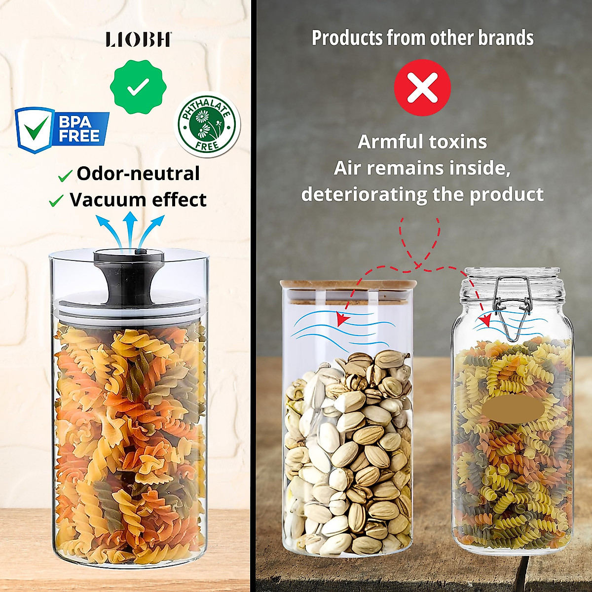 SET OF 3 Glass Storage Jars with Airtight Lids - Kitchen Storage Containers - Preserve Food Freshness by Expelling Excess Air - Pantry Borosilicate Glass Canisters - Coffee Beans - Nuts .. 33,23,14 OZ