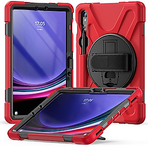 SLLMYYX Case for Samsung Galaxy Tab S8 11 inch 2022 Released SM-X700, 360 Degree Swivel Kickstand Hand Shoulder Strap Shockproof Rugged Protective Case (Red)