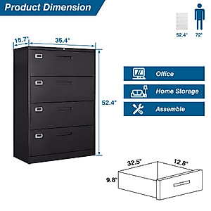 PEUKC 4 Drawer File Cabinet, Lateral Filing Cabinets for Home Office, Office Storage Drawers with Lock, Hanging Files Legal/Letter A4 Size (Assemble Required,Black)