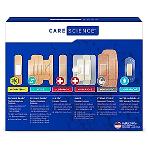 Care Science Variety Bandages Pack, 300 ct Bulk Assorted Sizes | Includes Active, All-Purpose, Waterproof, and Heavy-Duty Bandages. Breathable Protection Helps Prevent Infection for First Aid