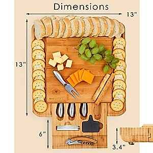 Morvat Bamboo Wood Cheese & Cracker Board Set, Charcuterie Cutting Tray, Serving Gift for Wedding Housewarming Birthday & Holidays, Includes Round Platter & Fully Stainless Steel Cutlery & Corkscrew