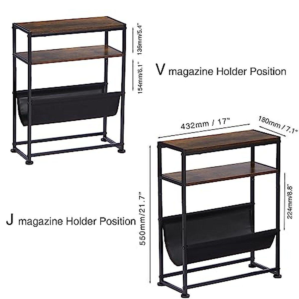 ZEXVIDA Narrow End Table for Small Spaces - Slim Side Table with Magazine Holder,2 in 1 Design Narrow End Table Living Room,Skinny Bedroom Nightstand Thin Side Magazine Table (Rustic Brown)