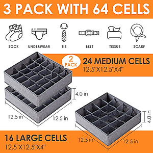 Criusia 3 Pack Sock Underwear Organizer Dividers, 64 Cell Drawer Organizers Fabric Foldable Cabinet Closet Organizers and Storage Boxes for Storing Socks, Underwear, Ties (16+24+24 Cell, Gray)
