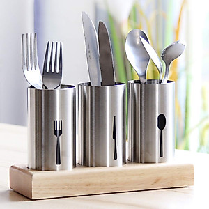 Aviddom Silverware Holder Stainless Steel Utensil Cutlery with Caddy and Bamboo Wood Base for Spoons Knives Forks Silverware Display Organizer Kitchen Dinner Table