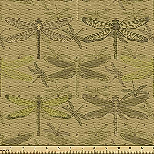 Ambesonne Dragonfly Fabric by The Yard, Earthy Tones Illustration of Flying Insects in Vintage Style, Decorative Fabric for Upholstery and Home Accents, 1 Yard, Dark Mustard Fawn and Khaki