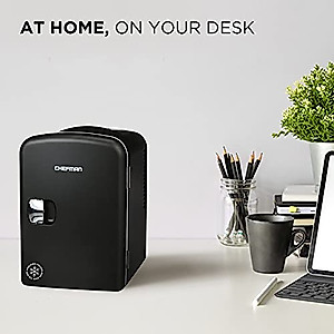 Chefman Mini Portable Personal Fridge Extra-Cold Or Warm, Compact Storage for Skin Care, Formula, Or Snacks, Fits 6 12-oz Cans, Lightweight 4-Liter Capacity, Black