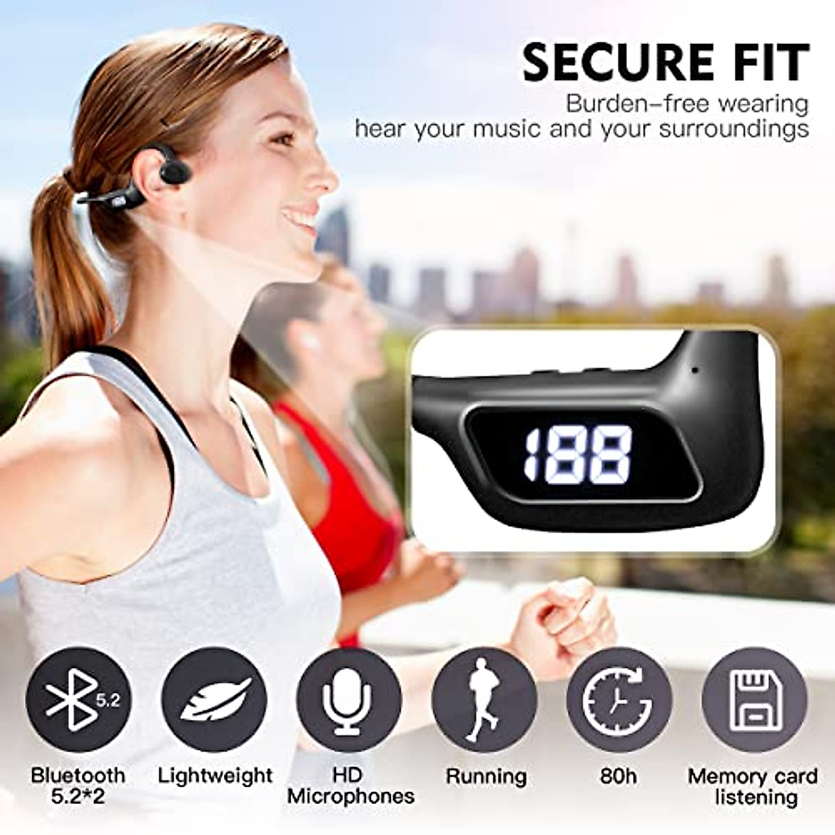 ATMPC Bone Conduction Headphones, Open Ear Headphones Wireless Bluetooth with Mic, Sports Earphones with LED Power Display, Up to 8 Hours Playtime, Waterproof Earphones for Running Workouts MP3 Player