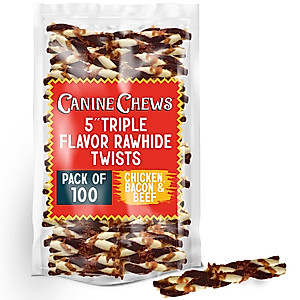 Canine Chews 5" Triple Flavor Rawhide Stick Twists for Small Dogs Dog Treat Dental Stick Chicken, Pork, Beef Flavor Chew Toy (100 Pack)