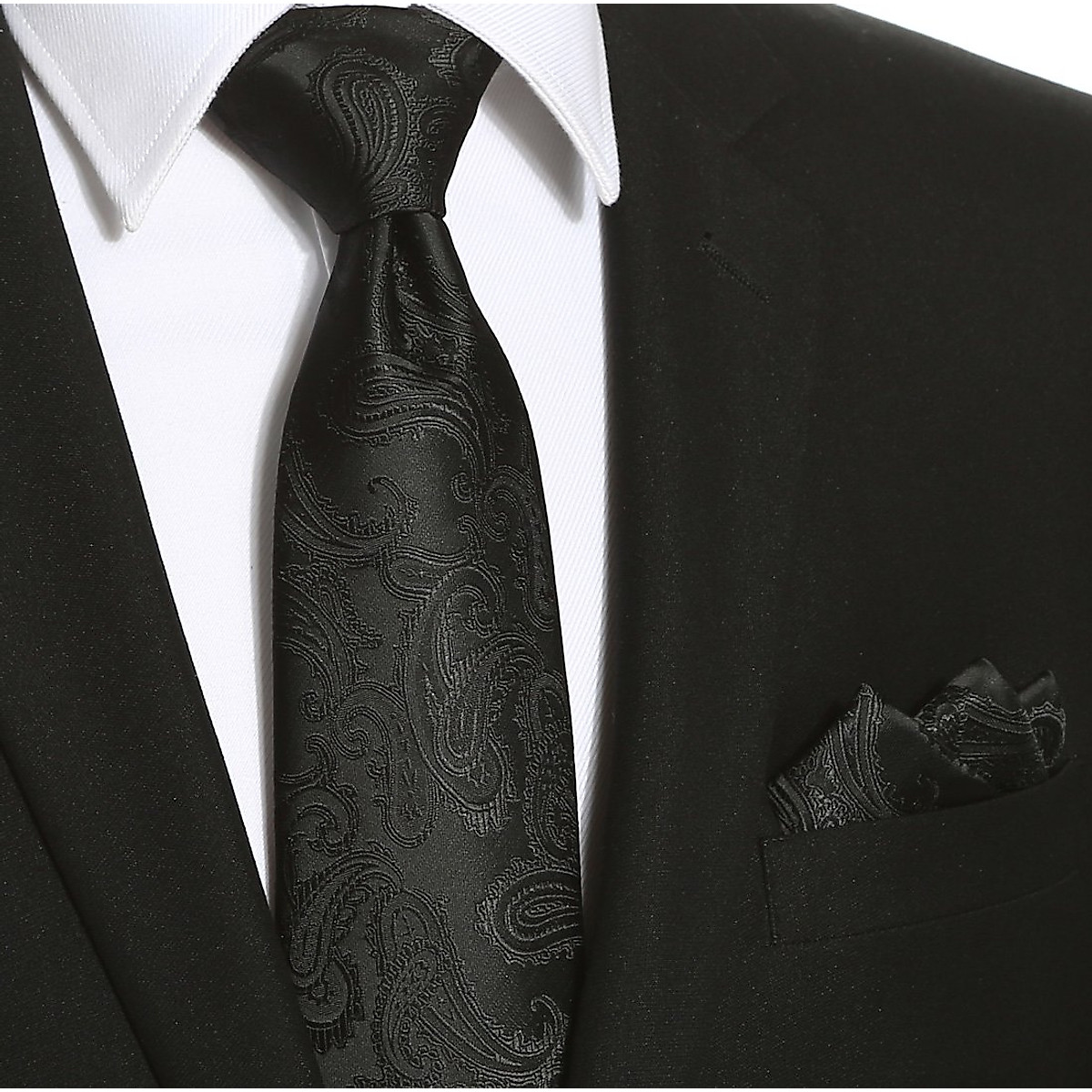 KissTies Extra Long Tie Set: Black Paisley Necktie + Hanky + Gift Box (63'' XL)