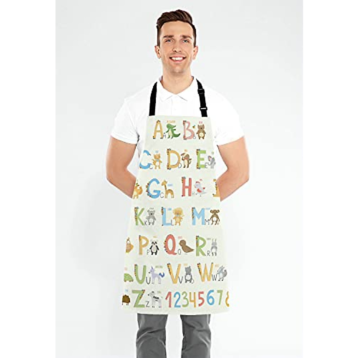 Lefolen Alphabet with Cartoon Animals Bib Apron with Adjustable Neck for Men Women,Suitable for Home Kitchen Cooking Waitress Chef Grill Bistro Baking Apron