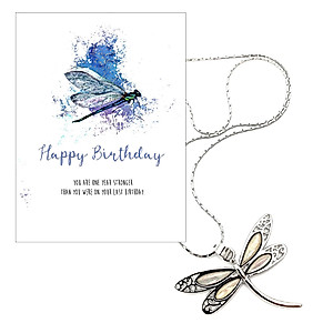 Smiling Wisdom - Happy Birthday Greeting Card Dragonfly Necklace Gift Set - Teen Women (White Abalone Dragonfly)