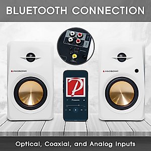 Prosonic BT30 Active Powered Bluetooth Bookshelf Speakers, Studio Monitor, Home Theater, Turntable, with Optical Input, Coaxial Input, 2X RCA Aux Line Input, 80 Watts, (White)