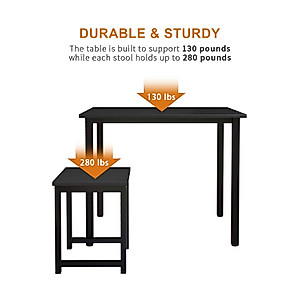 MIERES Small Dining Table Set for 2, Modern Bistro Table and Chairs Set of 2, Small Bar Table and Stools, Kitchen Furniture Counter Height, Compact & Durable, Easy Assembly, Black