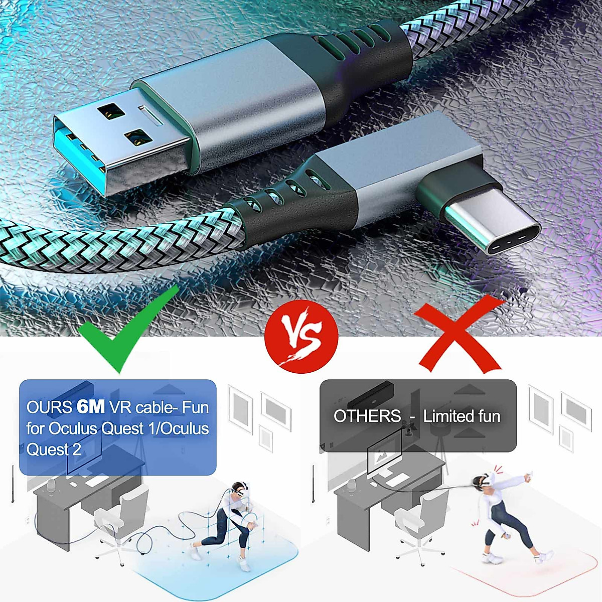 BSTKEECL Nylon Braided Link Cable 20FT Compatible for Oculus Quest/Meta Quest 2 and PC/Steam VR Link Cable - USB 3.1 A to USB C 5Gbps High Speed Data Transfer Charging Cord. (Grey).