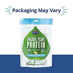 Garden of Life Organic Plant Based Protein Powder - Smooth Vanilla, Vegan, Grain Free and Gluten Free Shake for Women and Men - 10 Servings, 15g of Complete Protein, Probiotics & Enzymes, 0g Sugar
