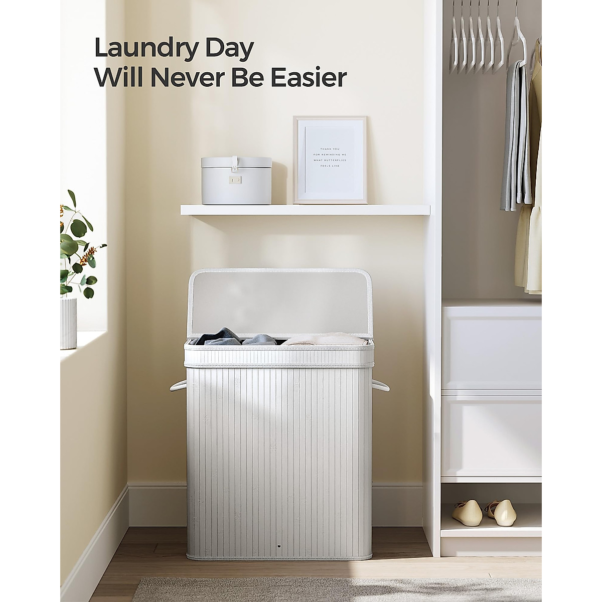 SONGMICS Laundry Hamper with Lid, Bamboo Laundry Basket, Removable Machine Washable Laundry Basket, with Handles, 26.4-Gallons, for Laundry Room, Bedroom, Bathroom, Cloud White ULCB063W01