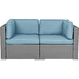 SUNCROWN 2-Piece Outdoor Patio Furniture Corner Sofa Set All-Weather Wicker Sectional Loveseats with Washable Cushions, Sky Blue