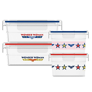 Snapware 8-Pc Plastic Food Storage Containers Set, 4.6-Cup & 3-Cup Meal Prep with Lid, BPA-Free 4 Tab Locking Lids, Dishwasher, Microwave, and Freezer Safe, Wonder Woman