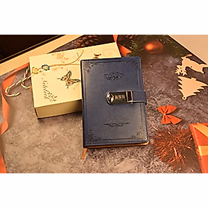 JunShop Digital Password Journal with Lock Retro Privacy Diary with Combination Lock Leather Binder Notebook Locking Journal Diary(Blue)