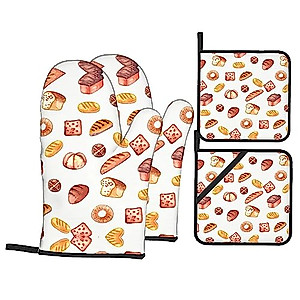 Painted Bread Oven Mitts and Pot Holders Sets 4pcs Heat Resistant Waterproof for Cooking Baking Grilling