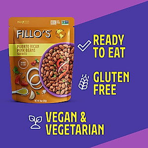 Fillo's Puerto Rican Pink Beans, Ready to Eat Sofrito Beans, 10 oz Pk of 6, Gluten-Free, Preservative-Free, Microwavable Meals, Non-GMO, Vegan, Plant Protein