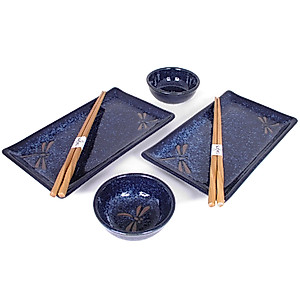 Happy Sales HSBH79/N 6 pc Japanese Sushi Plate Set Dragonfly Blue