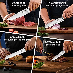 Knife Set with Block, ODERFUN 15 Pcs 50CR15MOV German Steel Kitchen Knife Set, Ultra Sharp Knives Set for Kitchen with Knife Sharpener, Ergonomic Handle Full Tang Forged with NSF Certified