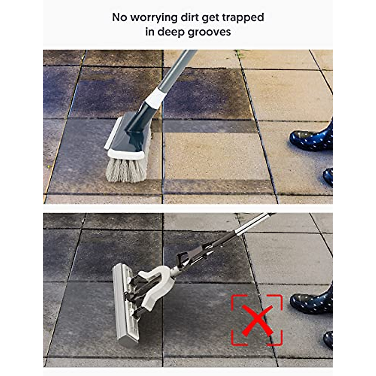 MEXERRIS Floor Scrub Brush with Long Handle - Stiff Carpet Deck Brush 2 in 1 Floor Scrubber Cleaning Grout Brush for Tile, Bathroom, Shower, Sink, Bathtub, and Kitchen Surface - Gray