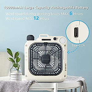 Camping Table Fan with LED Light, Portable Outdoor Tent Fan with 240° Rotation and Hook, 10000mAH USB Rechargeable Personal Desk Fan with 3 Lighting Modes and Stepless Wind Speed for Camping Travel