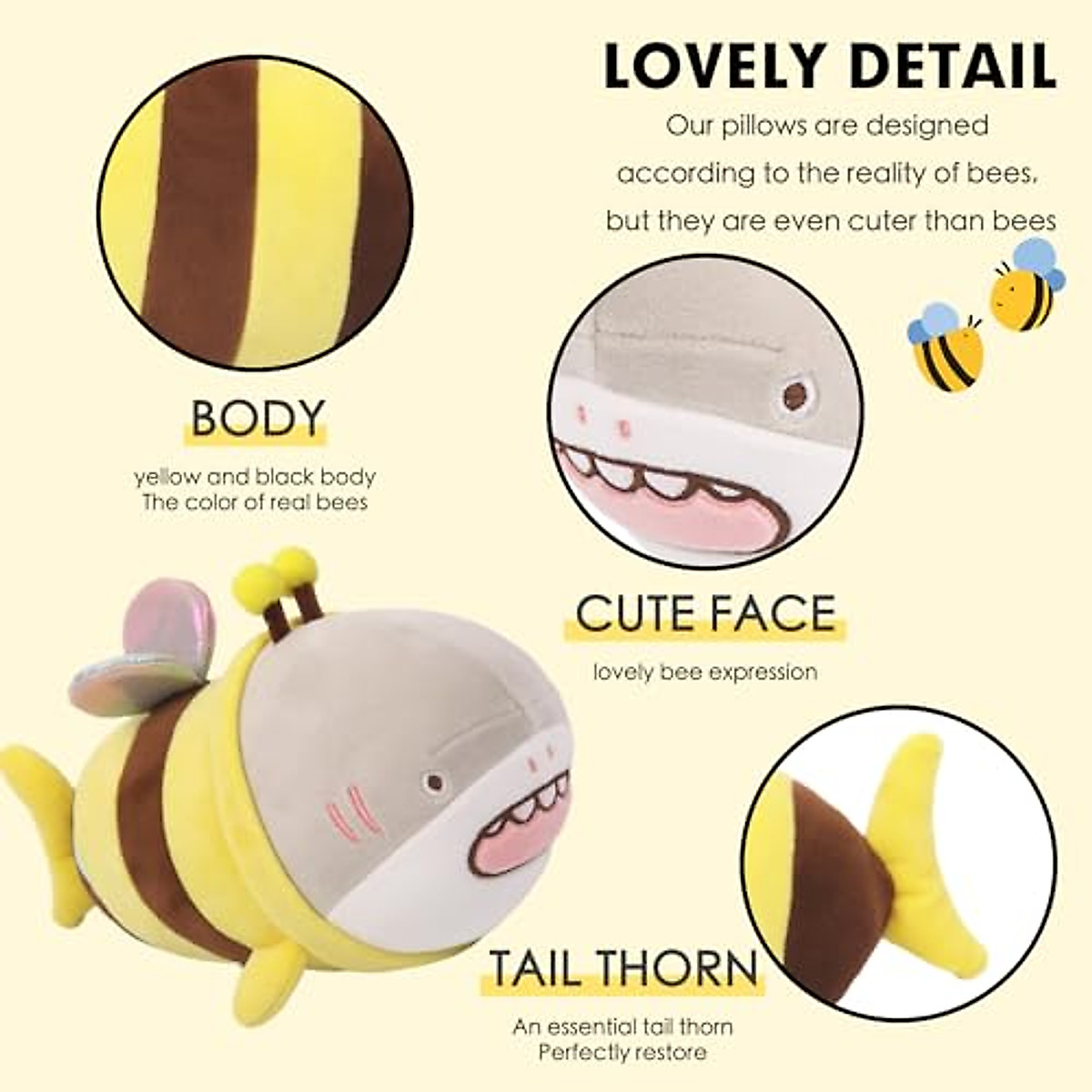ARELUX 14in Bee Plush Pillow Stuffed Animal,Fuzzy Yellow Honeybee Shark Plushie Doll Pillow,Stuffed Shark Pillow,Soft Anime Bee Pillow Toy Friends Family Member