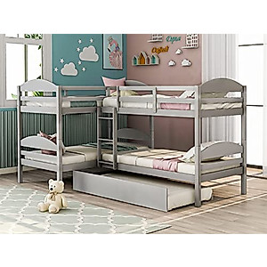 Quad Bunk Bed with Trundle L-Shape Bunk Bed Twin Over Twin Corner Bunk Bed for 4 or 5 Kids Boys Girls Teens, Gray