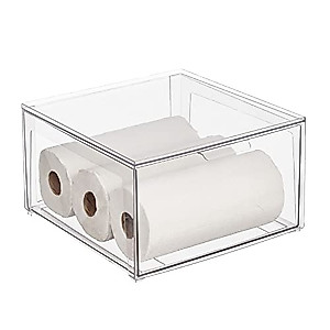 mDesign Plastic Stackable Kitchen Storage Organizer Bin Containers with Front Pull Drawer for Cabinet, Pantry, Fridge, Freezer, Shelf, Refrigerator Organization - Lumiere Collection - Clear