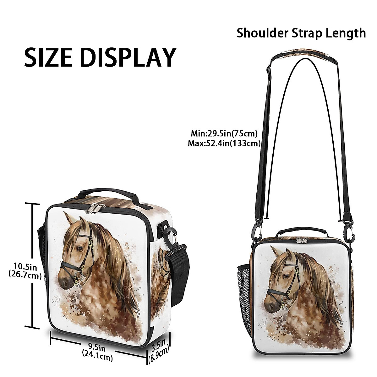 Horse Lunch Bag for Girls, Watercolor Animal Horse Lunch Box Reusable Insulated Leakproof Lunch Bag for Kids Thermal Cooler Lunch Tote with Removable Shoulder Strap for Elementary Daycare Picnic