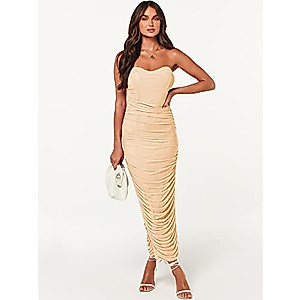 ANRABESS Women Ruched Bodycon Dress 2023 Summer Sexy Strapless Sleeveless Slit Party Cocktail Club Night Dresses Elagant Wedding Guest Evening Graduation Prom Dress 883qianxing-M Apricot