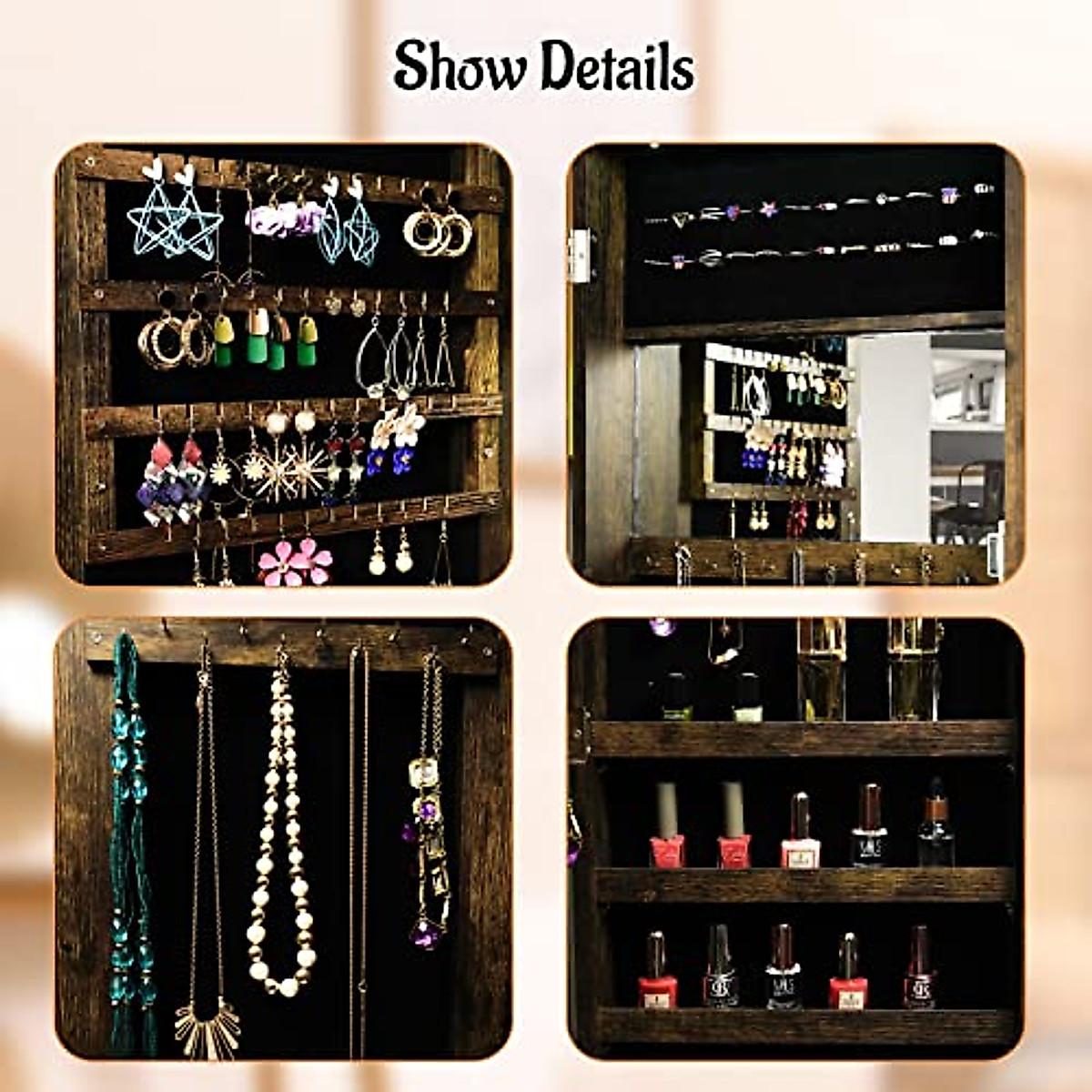 Ntufrest Jewelry Organizer with Led Mirror, 6 LEDs Mirror Jewelry Cabinet,Wall/Door Mounted Jewelry Armoires for Women, Full Length Mirror with Jewelry Storage，Magnetic Lock