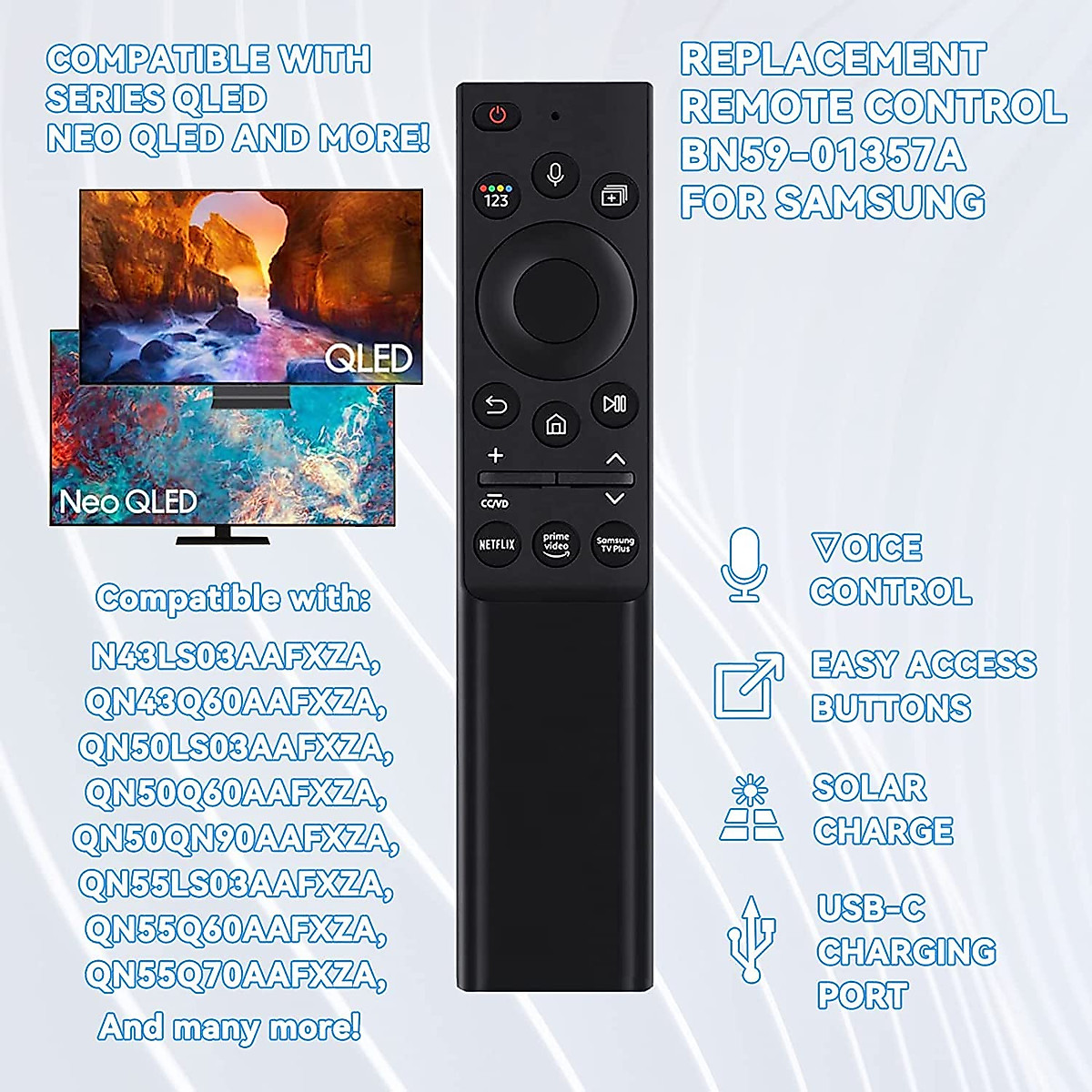 Amtone Replacement BN59-01357A Voice Control Enabled Remote Control for Samsung Smart TVs Compatible with Neo QLED, The Frame and Crystal UHD Series