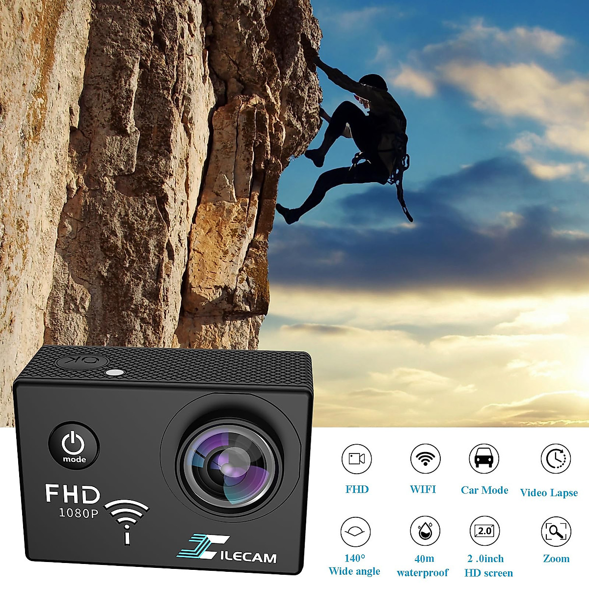 Xilecam Action Camera 1080P WiFi Sports Camera 4xZoom Action Camera 40m/131ft Underwater Waterproof with 2 X1050 mAh Batteries and Multi-Function Accessory
