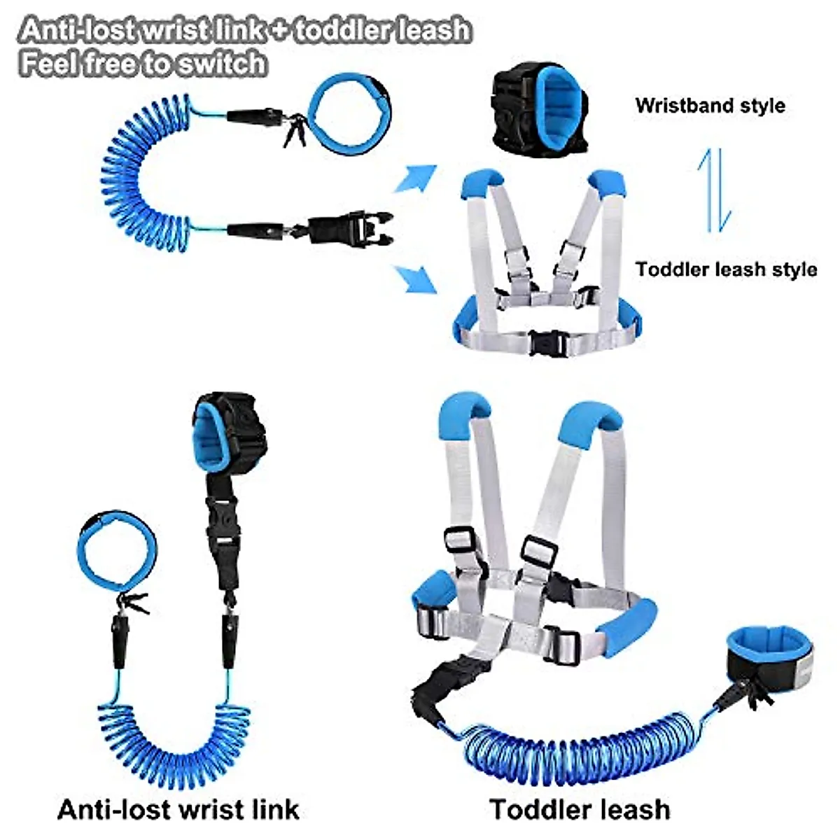 Blisstime 2 in 1 Toddler Leash - Anti Lost Wrist Link for Toddlers - Toddler Harness, Baby Leash, Leash for Toddlers, Wrist Leashes, Child Leashes for Toddlers, Not Easy to Open Without Key