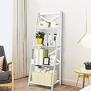 LUARANE Modern 4-Tier Ladder Shelf, Wooden Bookshelf with X-Shaped Frame, Free Standing Bookcase with 4 Open Storage Shelves, Organizer Shelf for Living Room Kitchen Office (2, White)