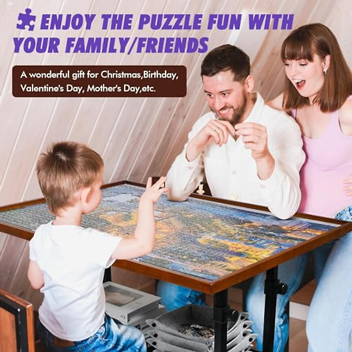 Sunix 1500 Pieces Jigsaw Puzzle Table with Legs, 36"x26" Adjustable Height Puzzle Board with Cover & 6 Sorter Tray, 12-Tilting-Angle Portable Wooden Puzzle Table for Adults