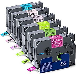 Absonic 6-Pack Label Maker Tape Compatible for Brother P Touch Label Tape Tze 12mm 0.47 Laminated Tape Tz 1/2" Colored Label for PTouch PT-D220 PT-D210 PT-H110 PT-D400 PT-1880 PT-D610BT PT-D600