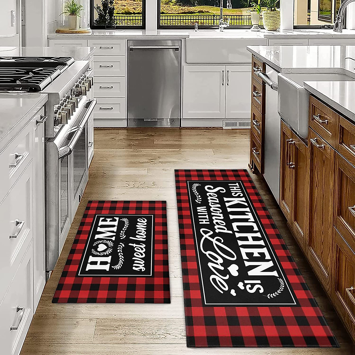 Ideasonna Red Buffalo Plaid Kitchen Rugs Sets of 2 Decor Non-Slip Washable Red Kitchen Mats for Floor 2 Piece