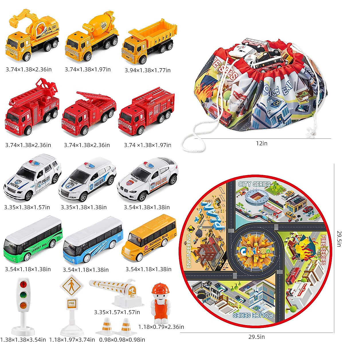 Toddler Toy Cars-Chibon 12pcs Die-Cast Pull Back Car Set with 2 in 1 Collapsible Toy Cars Storage Playmat for Kids,Toddler Truck Toys w/Fire Truck, Excavator，Construction Trucks