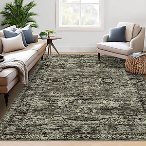 GarveeHome 9x12 Vintage Distressed Large Living Room Rug for Bedroom Non-Skid Machine Washable Medallion Floral Print Area Rug Farmhouse Oriental Soft Low-Pile Indoor Accent Carpet, Brown