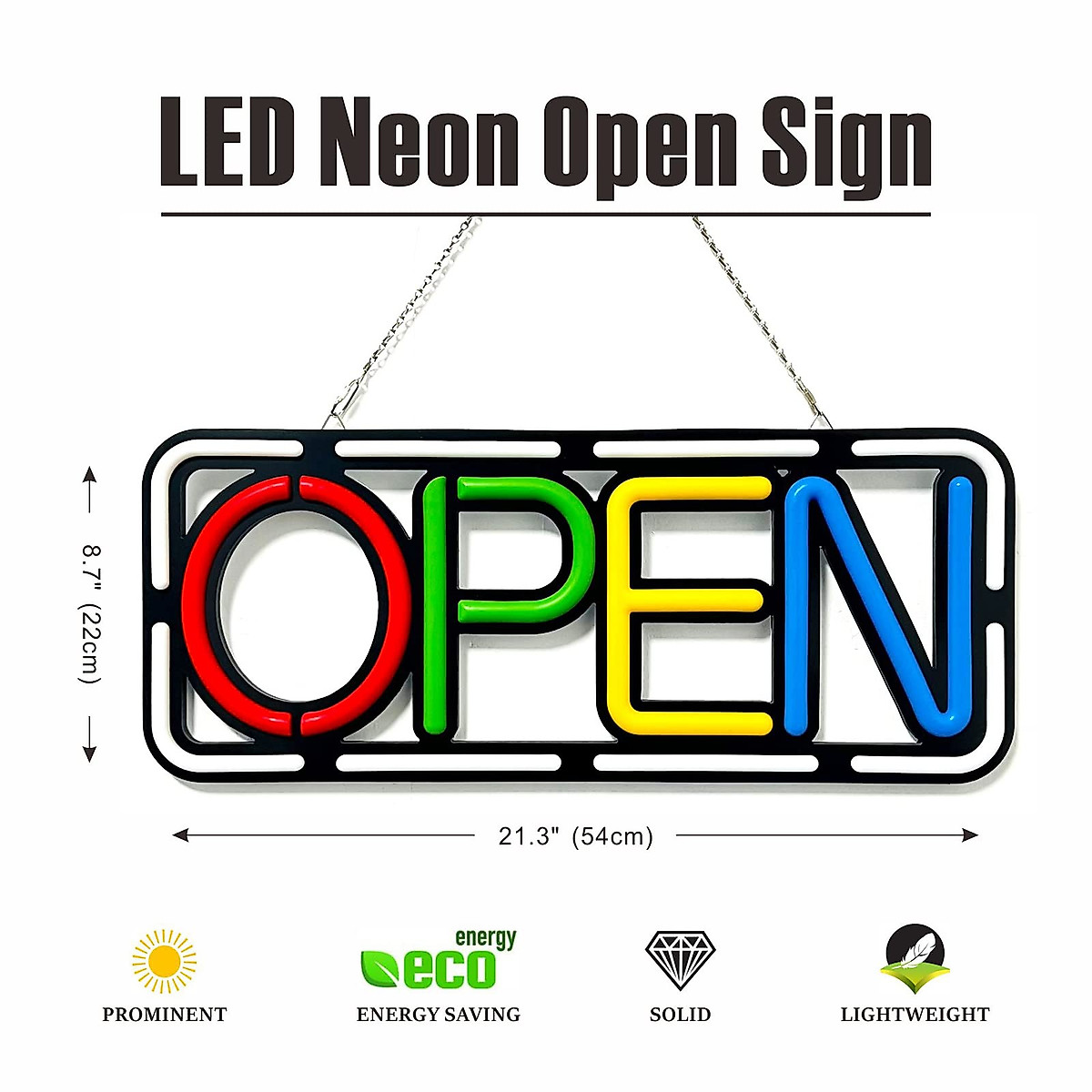 USEND LED Open Sign for Business Colorful Neon Open Sign 21.2x8.6inch High Visibility with Multiple Colors Changes 15V1.6A LED Open Sign with Two Modes Steady Light&Flashing Colorful LED Neon Open