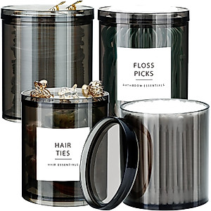 SheeChung Stackable Qtip Holder with Storage Lids for Cotton Swabs, Balls, Pads, Floss Picks-4 Pack Acrylic Apothecary Jar Bathroom Accessories for Bathroom Counter Organizer (4pack 10oz&12oz)